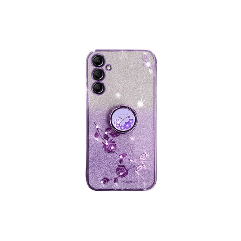 Samsung Galaxy A25 5G violetti glitter kukka sormuspidike suojakuori.